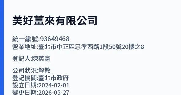 美好薑來有限公司的照片-統編 93649468(臺北市) 公司登記資料與營業項目詳細圖表