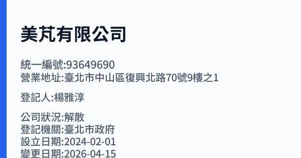 美芃有限公司的照片-統編 93649690(臺北市) 公司登記資料與營業項目詳細圖表