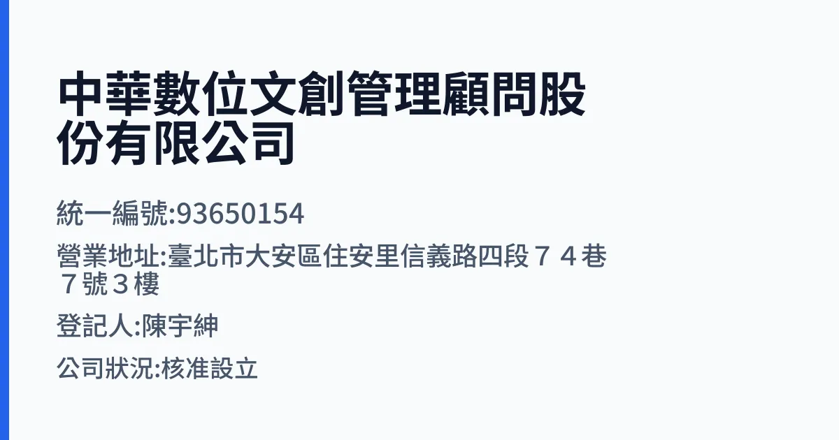 中華數位文創管理顧問股份有限公司 - 統編 93650154(臺北市) 公司登記資料與營業項目詳細圖表