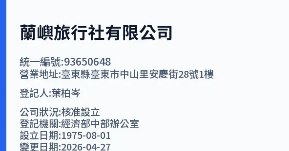 蘭嶼旅行社有限公司的照片-統編 93650648(臺東縣) 公司登記資料與營業項目詳細圖表