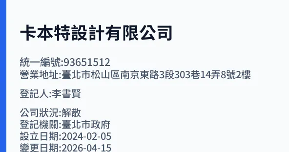 卡本特設計有限公司的照片-統編 93651512(臺北市) 公司登記資料與營業項目詳細圖表