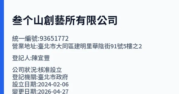 叁个山創藝所有限公司的照片-統編 93651772(臺北市) 公司登記資料與營業項目詳細圖表