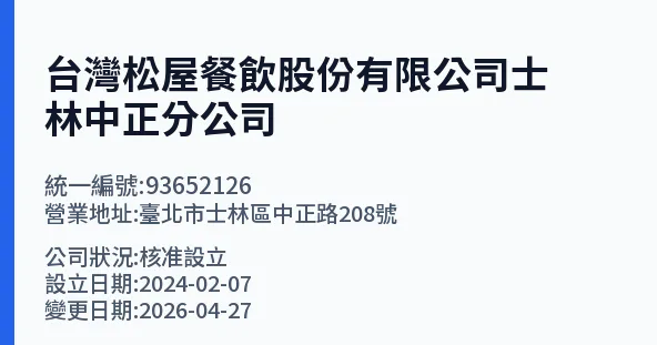 台灣松屋餐飲股份有限公司士林中正分公司的照片-統編 93652126(臺北市) 公司登記資料與營業項目詳細圖表