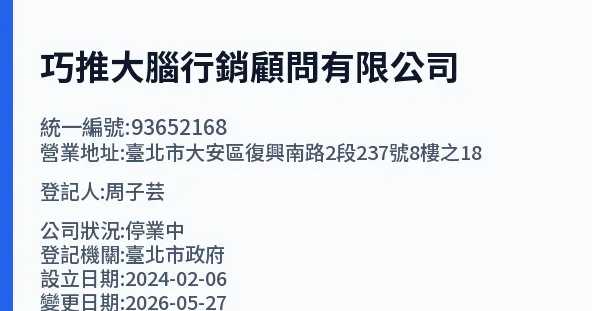 巧推大腦行銷顧問有限公司的照片-統編 93652168(臺北市) 公司登記資料與營業項目詳細圖表