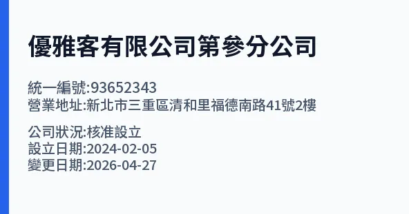 優雅客有限公司第參分公司的照片-統編 93652343(新北市) 公司登記資料與營業項目詳細圖表
