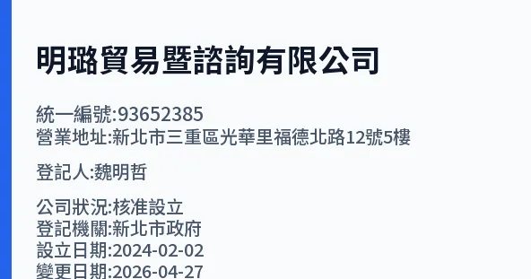 明璐貿易暨諮詢有限公司的照片-統編 93652385(新北市) 公司登記資料與營業項目詳細圖表