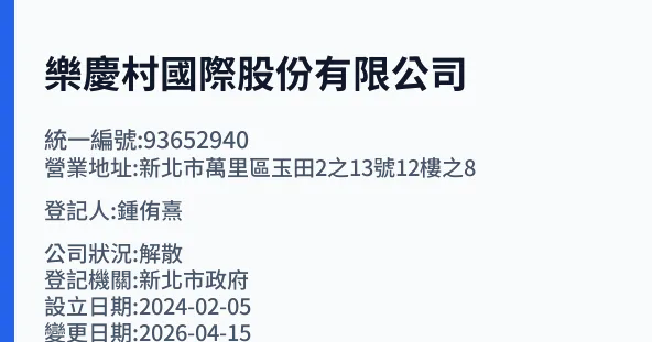 樂慶村國際股份有限公司的照片-統編 93652940(新北市) 公司登記資料與營業項目詳細圖表