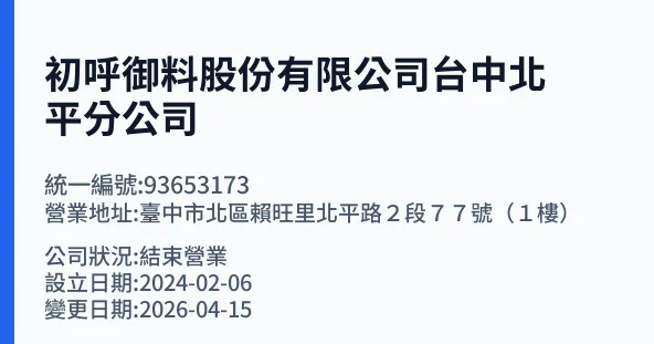 初呼御料股份有限公司台中北平分公司的照片-統編 93653173(臺中市) 公司登記資料與營業項目詳細圖表