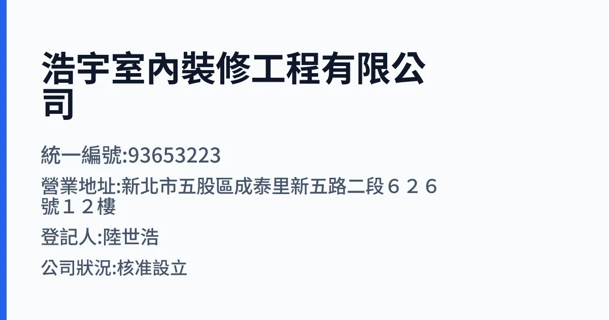 浩宇室內裝修工程有限公司 - 統編 93653223(新北市) 公司登記資料與營業項目詳細圖表