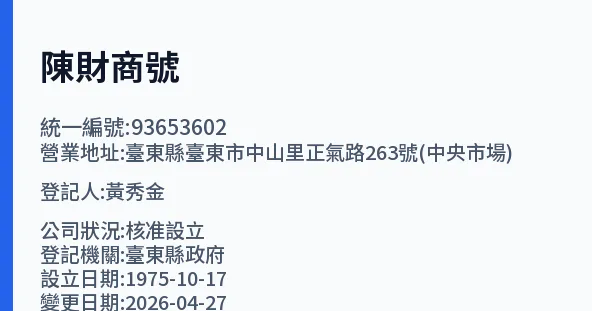 陳財商號的照片-統編 93653602(臺東縣) 公司登記資料與營業項目詳細圖表