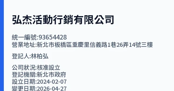 弘杰活動行銷有限公司的照片-統編 93654428(新北市) 公司登記資料與營業項目詳細圖表