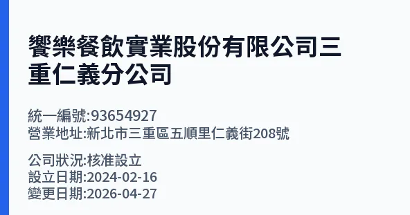 饗樂餐飲實業股份有限公司三重仁義分公司的照片-統編 93654927(新北市) 公司登記資料與營業項目詳細圖表