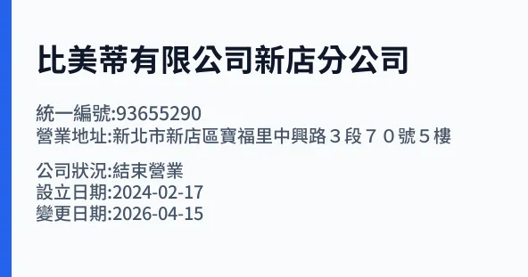 比美蒂有限公司新店分公司的照片-統編 93655290(新北市) 公司登記資料與營業項目詳細圖表