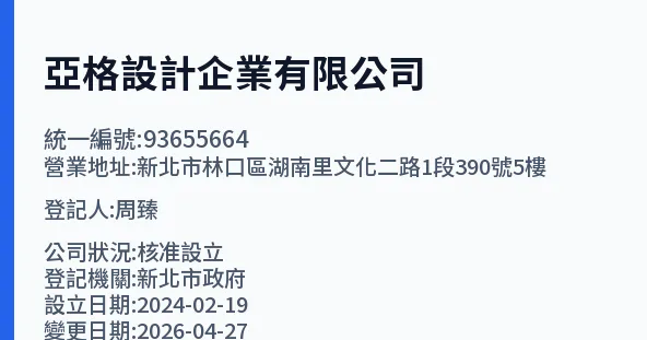 亞格設計企業有限公司的照片-統編 93655664(新北市) 公司登記資料與營業項目詳細圖表
