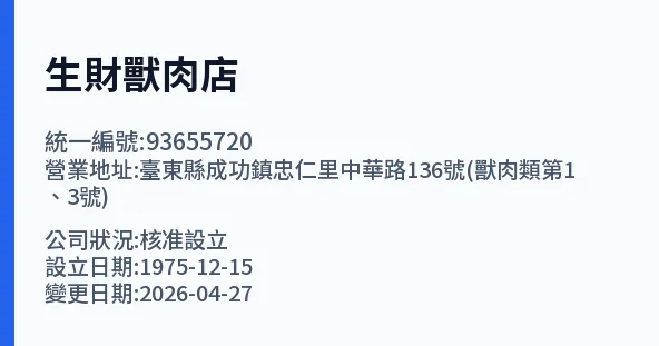 生財獸肉店的照片-統編 93655720(臺東縣) 公司登記資料與營業項目詳細圖表