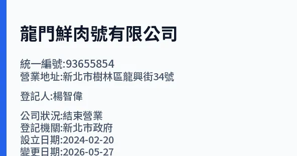 龍門鮮肉號有限公司的照片-統編 93655854(新北市) 公司登記資料與營業項目詳細圖表
