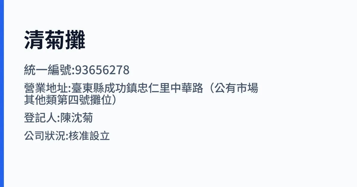 清菊攤 - 統編 93656278(臺東縣) 公司登記資料與營業項目詳細圖表