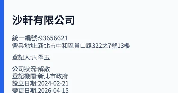 沙軒有限公司的照片-統編 93656621(新北市) 公司登記資料與營業項目詳細圖表