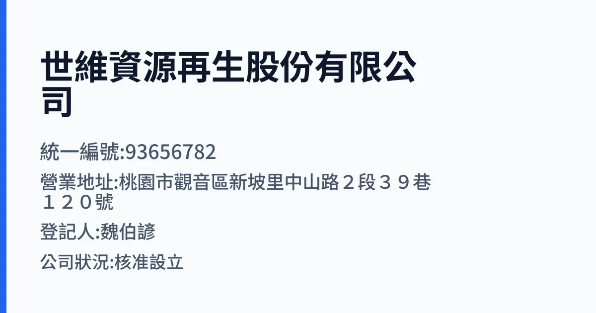 世維資源再生股份有限公司 - 統編 93656782(桃園市) 公司登記資料與營業項目詳細圖表