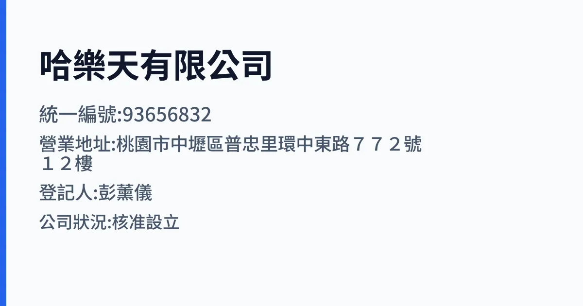 哈樂天有限公司 - 統編 93656832(桃園市) 公司登記資料與營業項目詳細圖表