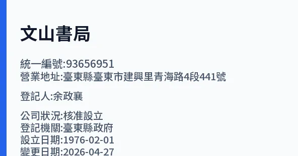文山書局的照片-統編 93656951(臺東縣) 公司登記資料與營業項目詳細圖表