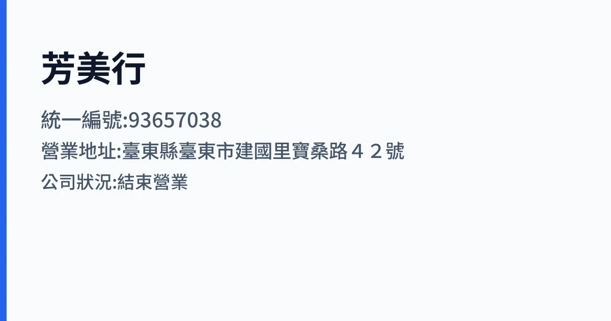 芳美行 - 統編 93657038(臺東縣) 公司登記資料與營業項目詳細圖表