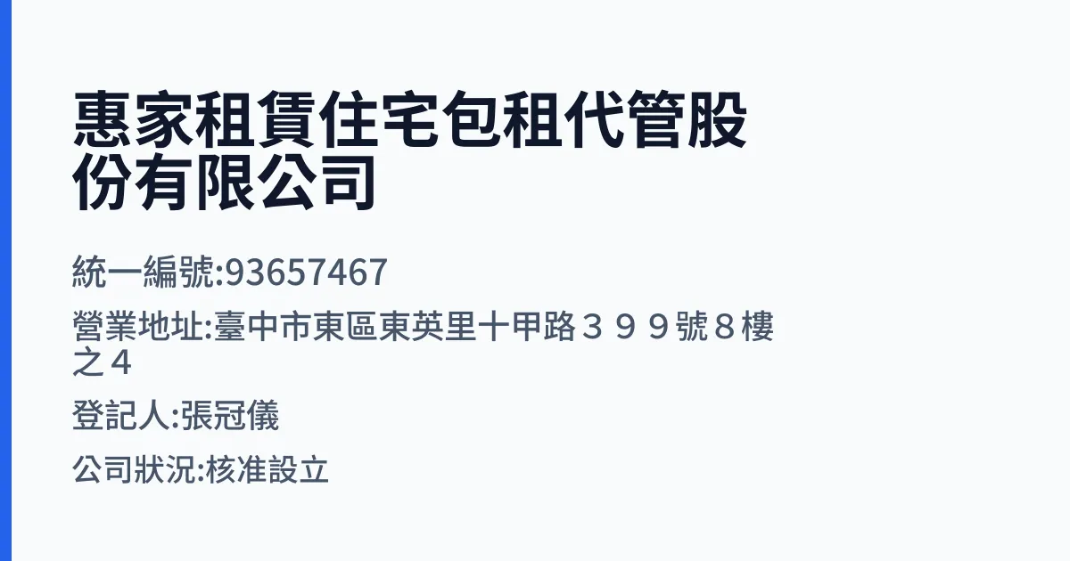 惠家租賃住宅包租代管股份有限公司 - 統編 93657467(臺中市) 公司登記資料與營業項目詳細圖表