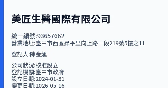 美匠生醫國際有限公司的照片-統編 93657662(臺中市) 公司登記資料與營業項目詳細圖表