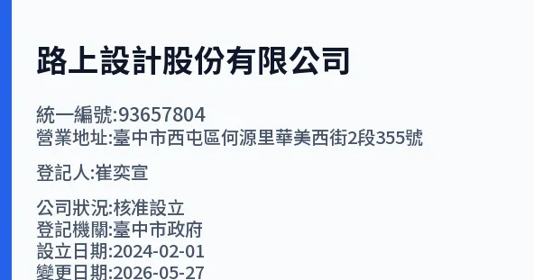 路上設計股份有限公司的照片-統編 93657804(臺中市) 公司登記資料與營業項目詳細圖表
