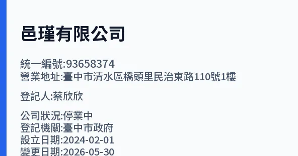邑瑾有限公司的照片-統編 93658374(臺中市) 公司登記資料與營業項目詳細圖表