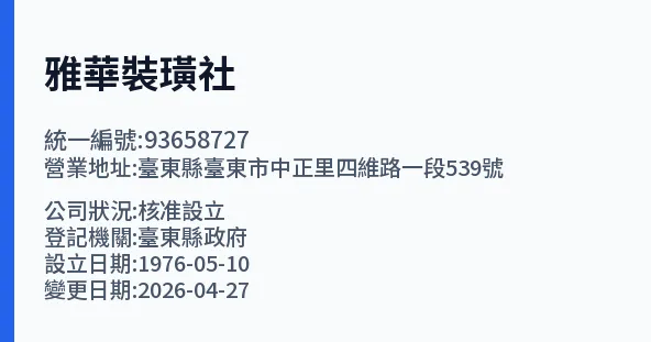 雅華裝璜社的照片-統編 93658727(臺東縣) 公司登記資料與營業項目詳細圖表