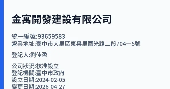 金寓開發建設有限公司的照片-統編 93659583(臺中市) 公司登記資料與營業項目詳細圖表