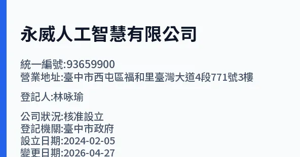 永威人工智慧有限公司的照片-統編 93659900(臺中市) 公司登記資料與營業項目詳細圖表
