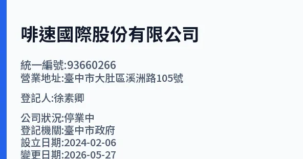 啡速國際股份有限公司的照片-統編 93660266(臺中市) 公司登記資料與營業項目詳細圖表