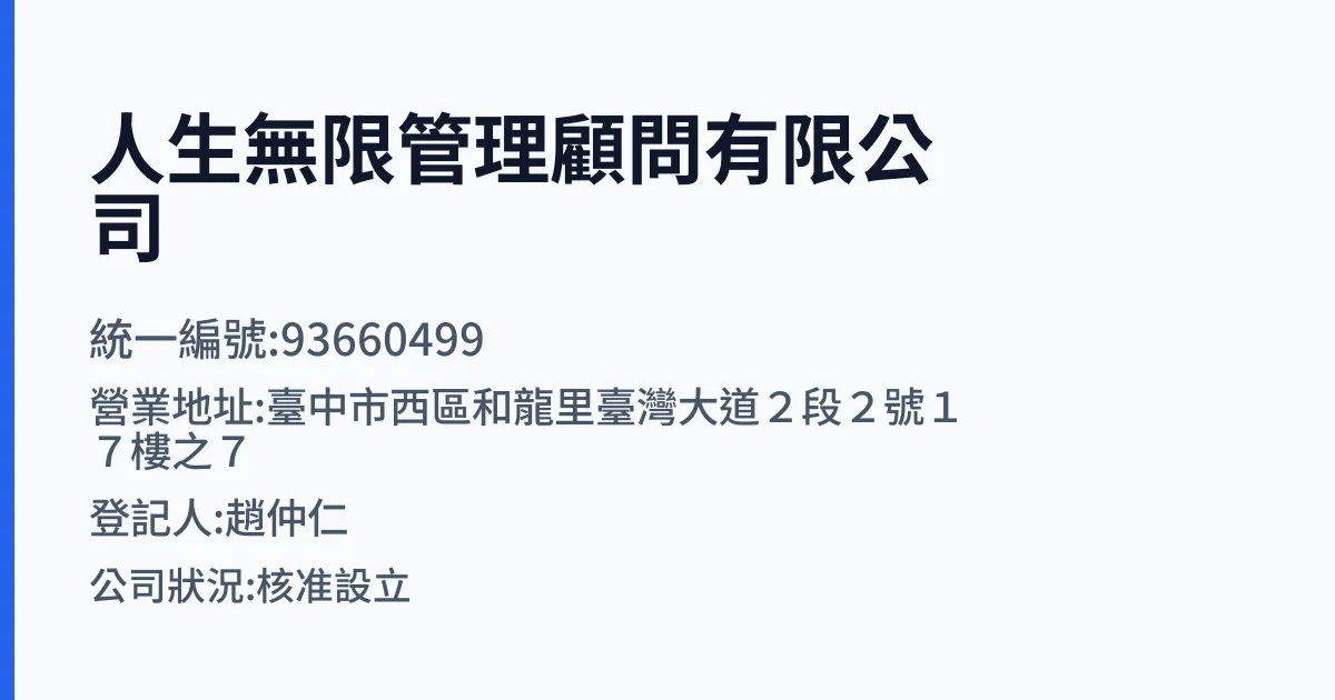 人生無限管理顧問有限公司 - 統編 93660499(臺中市) 公司登記資料與營業項目詳細圖表