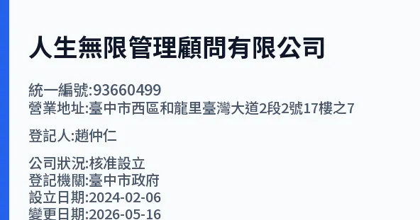 人生無限管理顧問有限公司的照片-統編 93660499(臺中市) 公司登記資料與營業項目詳細圖表