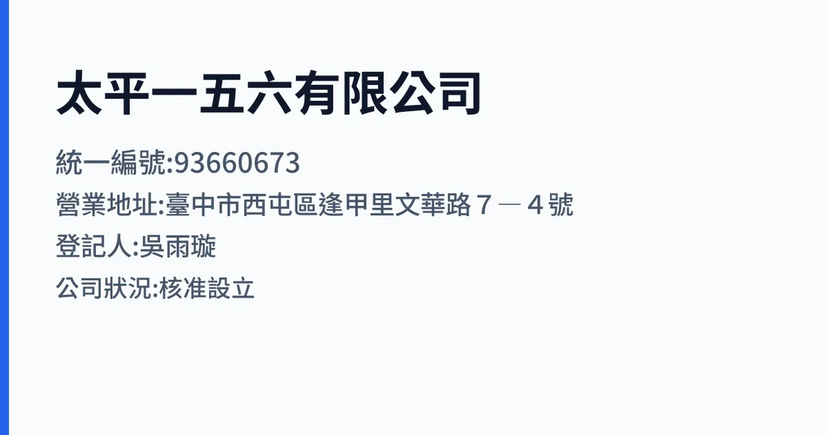 太平一五六有限公司 - 統編 93660673(臺中市) 公司登記資料與營業項目詳細圖表
