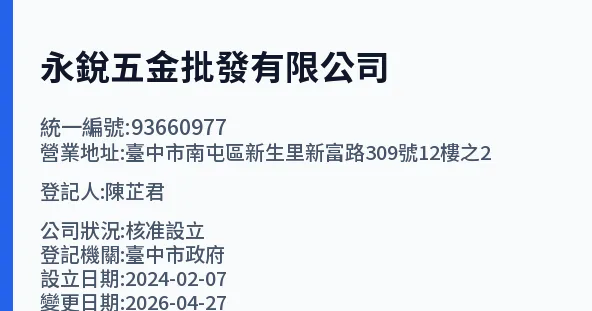 永銳五金批發有限公司的照片-統編 93660977(臺中市) 公司登記資料與營業項目詳細圖表