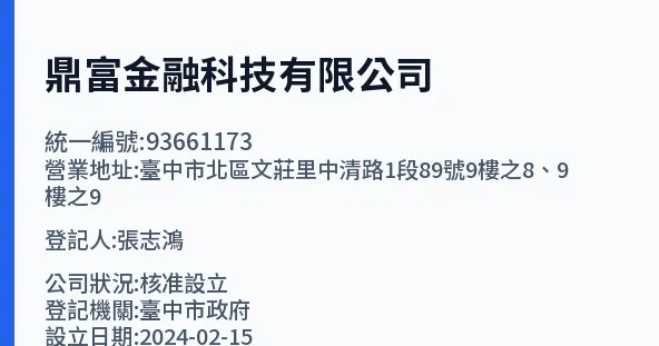 鼎富金融科技有限公司的照片-統編 93661173(臺中市) 公司登記資料與營業項目詳細圖表