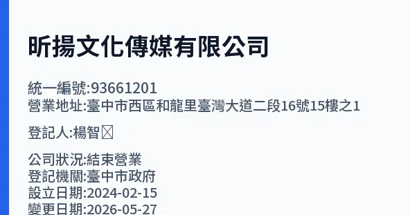 昕揚文化傳媒有限公司的照片-統編 93661201(臺中市) 公司登記資料與營業項目詳細圖表