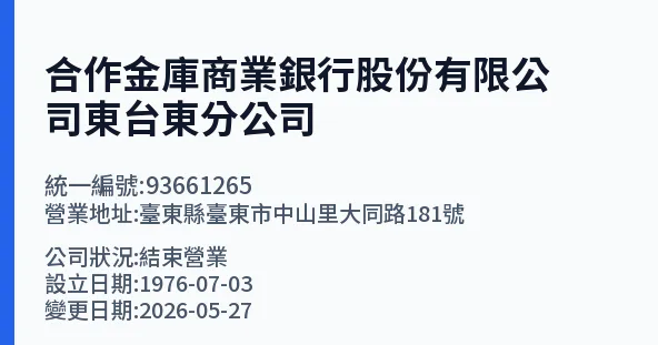 合作金庫商業銀行股份有限公司東台東分公司的照片-統編 93661265(臺東縣) 公司登記資料與營業項目詳細圖表