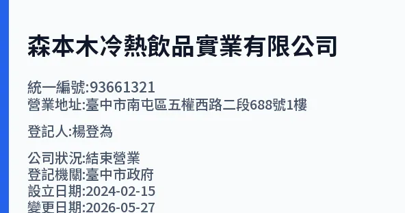 森本木冷熱飲品實業有限公司的照片-統編 93661321(臺中市) 公司登記資料與營業項目詳細圖表