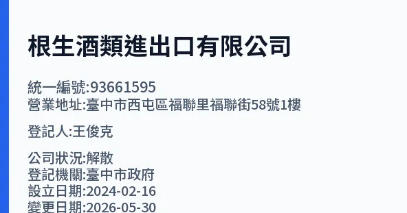 根生酒類進出口有限公司的照片-統編 93661595(臺中市) 公司登記資料與營業項目詳細圖表
