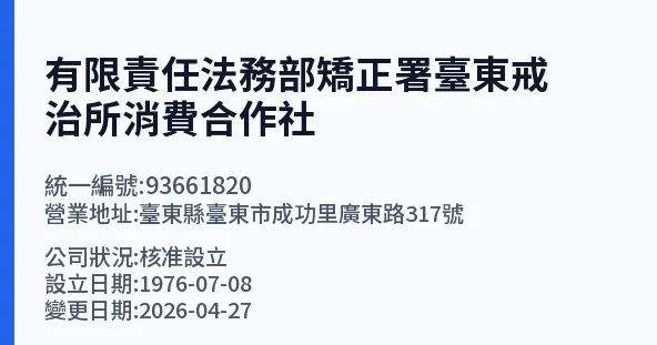 有限責任法務部矯正署臺東戒治所消費合作社的照片-統編 93661820(臺東縣) 公司登記資料與營業項目詳細圖表