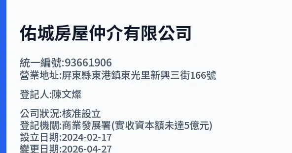 佑城房屋仲介有限公司的照片-統編 93661906(屏東縣) 公司登記資料與營業項目詳細圖表
