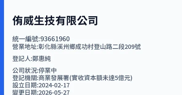 侑威生技有限公司的照片-統編 93661960(彰化縣) 公司登記資料與營業項目詳細圖表