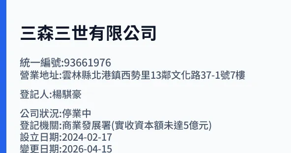 三森三世有限公司的照片-統編 93661976(雲林縣) 公司登記資料與營業項目詳細圖表