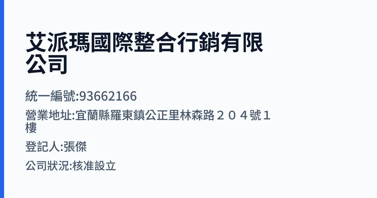 艾派瑪國際整合行銷有限公司 - 統編 93662166（宜蘭縣） 公司登記資料與營業項目詳細圖表