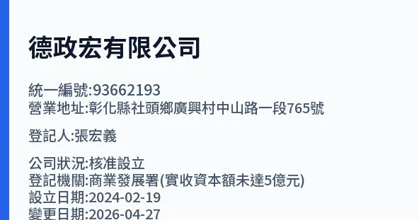 德政宏有限公司的照片-統編 93662193(彰化縣) 公司登記資料與營業項目詳細圖表
