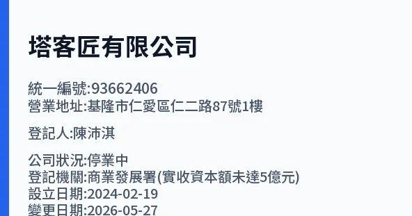 塔客匠有限公司的照片-統編 93662406(基隆市) 公司登記資料與營業項目詳細圖表